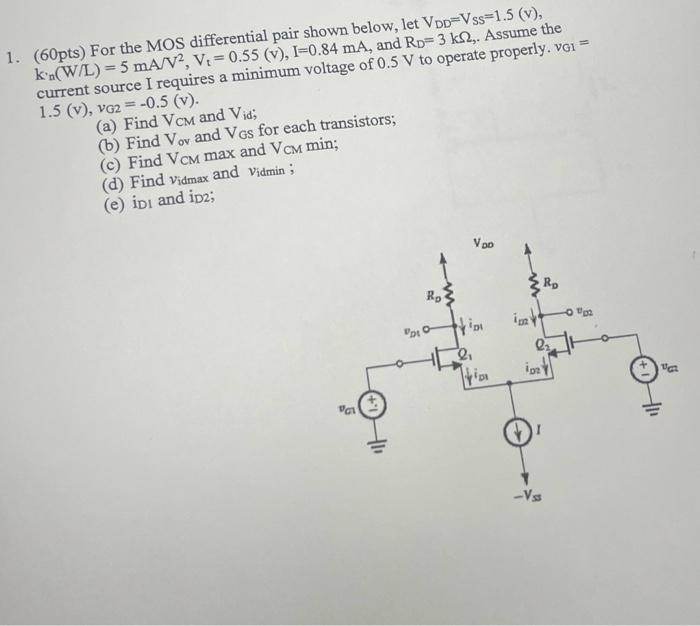 Solved (60pts) For the MOS differential pair shown below, | Chegg.com