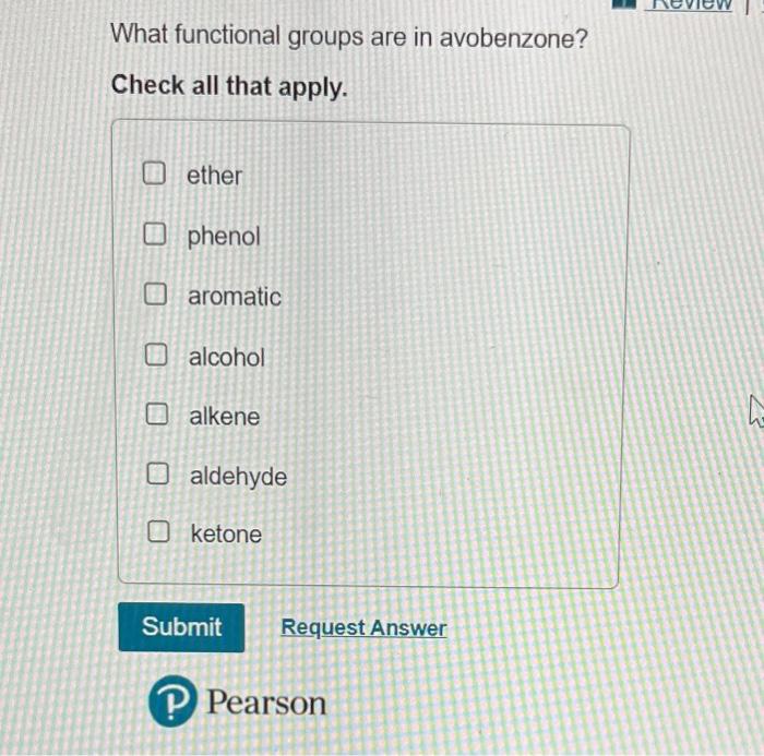 Solved What functional groups are in avobenzone? Check all | Chegg.com