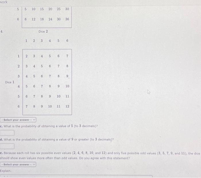 Solved Dice 1 6789101112 2. Dice 2 123456 | Chegg.com
