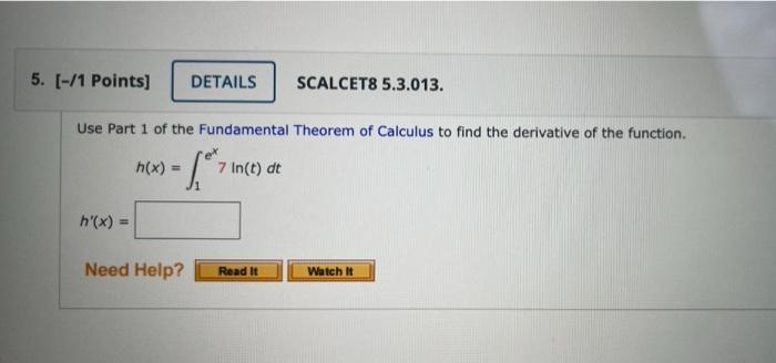 Solved 5. [-/1 Points] DETAILS SCALCET8 5.3.013. Use Part 1 | Chegg.com