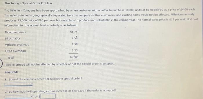 Solved Structuring a Special-Order Problem The Millenium | Chegg.com