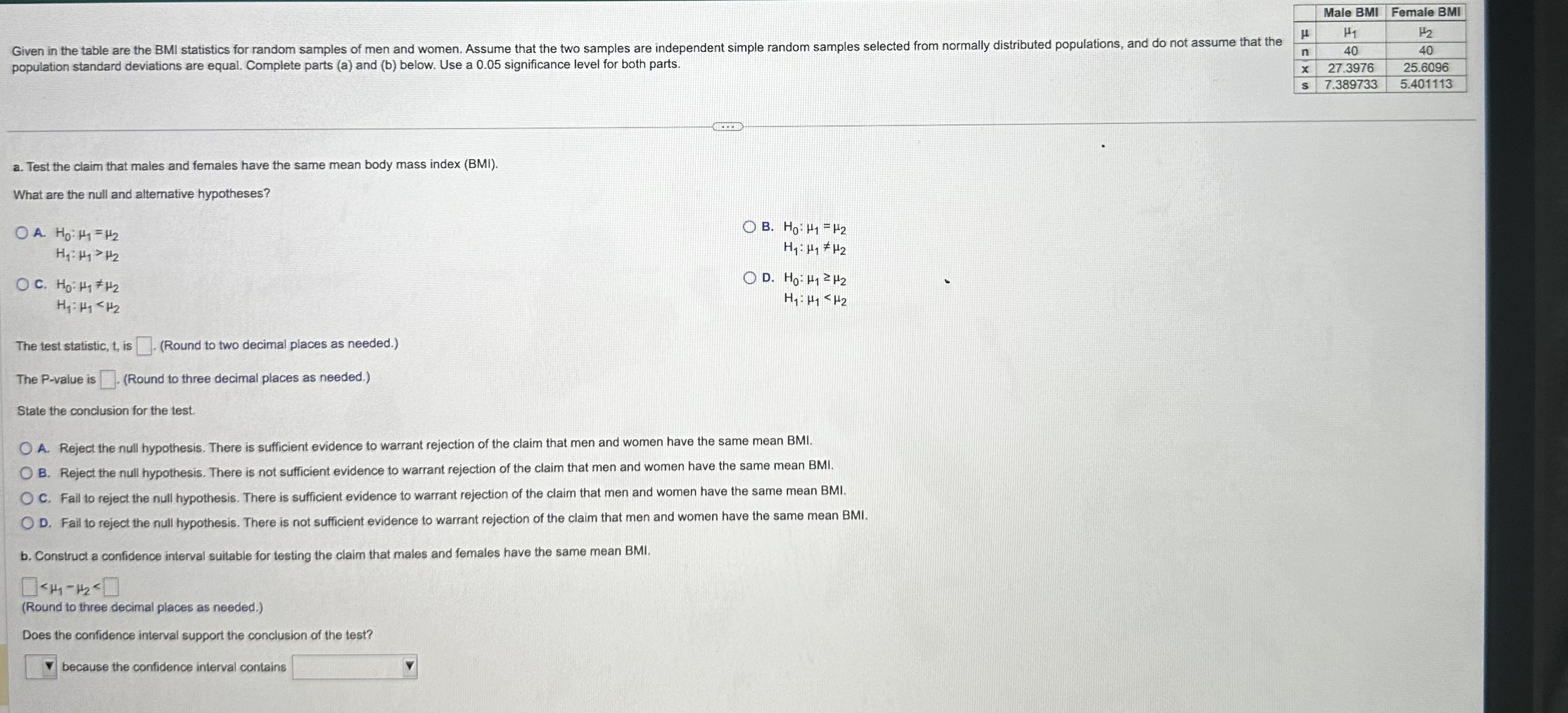 Solved Given in the table are the BMI statistics for random | Chegg.com