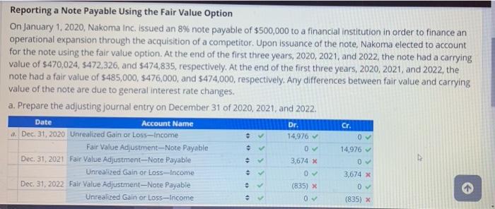 Solved Reporting a Note Payable Using the Fair Value Option | Chegg.com