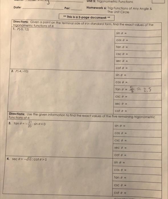 Solved Date: Per: Homework 6: Trig Functions of Any Angle 8 | Chegg.com