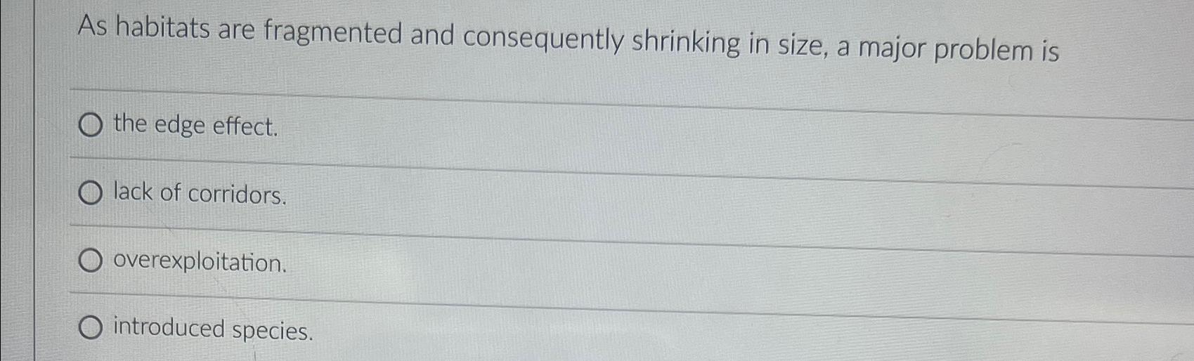 Solved As habitats are fragmented and consequently shrinking | Chegg.com
