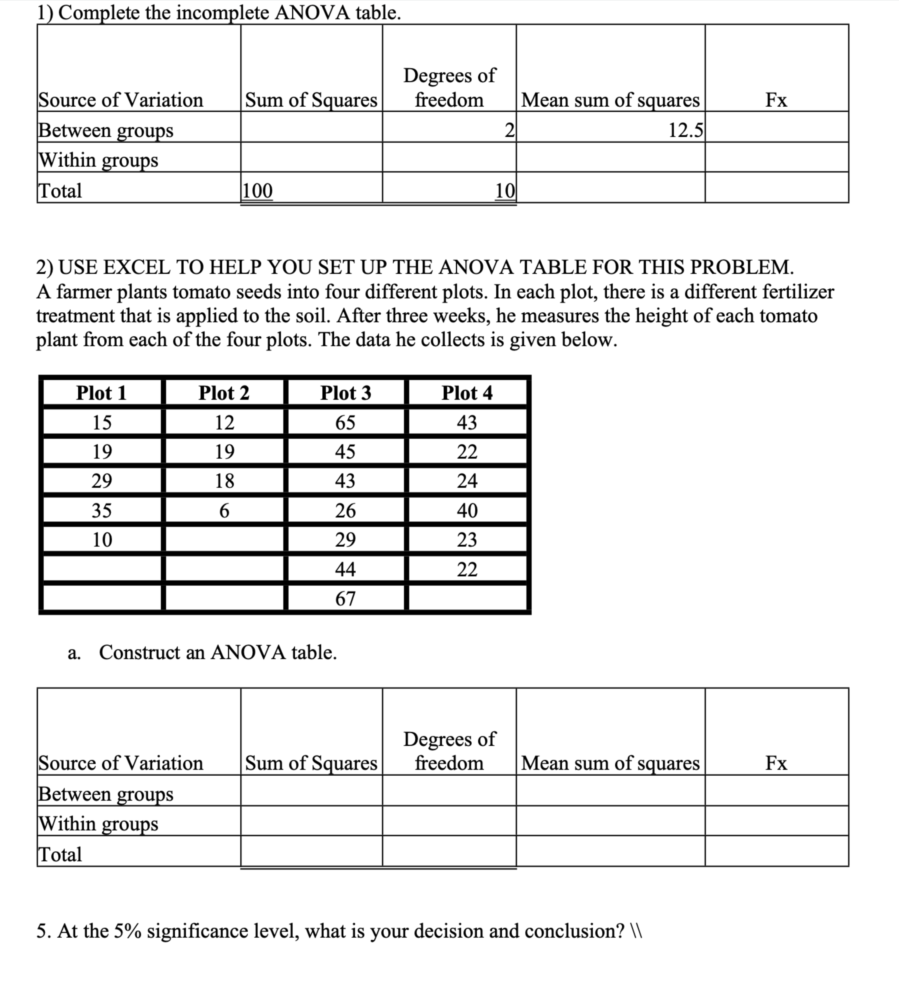 Solved Complete the incomplete ANOVA table.USE EXCEL TO HELP | Chegg.com