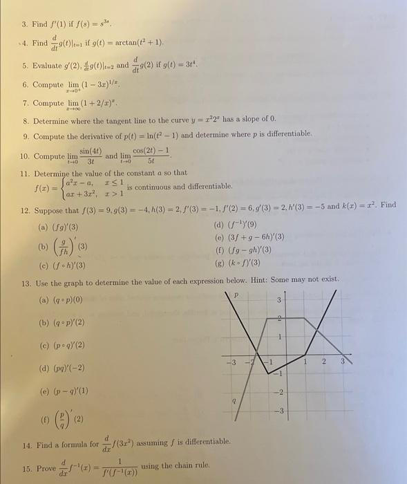 Solved 3. Find f′(1) if f(s)=s30. 4. Find dtdg(t)∣∣t=1 if | Chegg.com