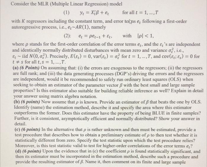 Consider the MLR (Multiple Linear Regression) model | Chegg.com
