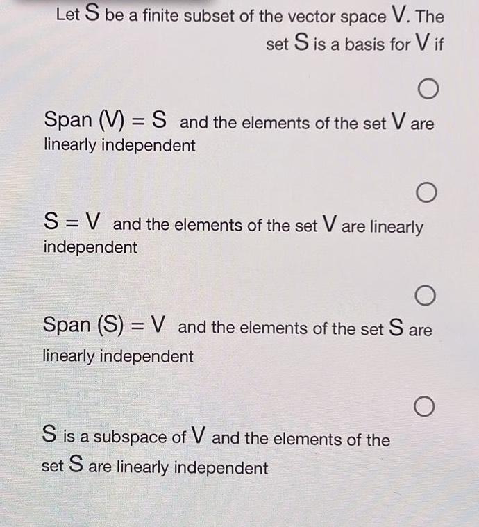 Solved Let S ﻿be a finite subset of the vector space V. ﻿The | Chegg.com