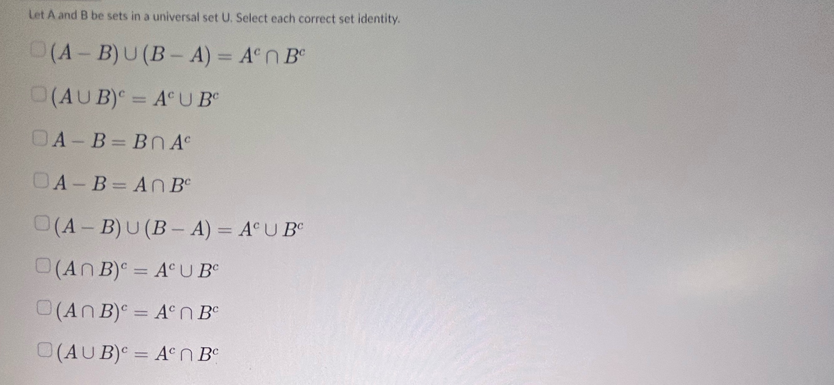 Let A and B ﻿be sets in a universal set U. ﻿Select | Chegg.com