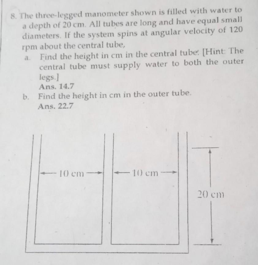 Solved 8. The three-legged manometer shown is filled with | Chegg.com