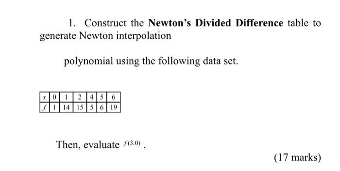 Solved 1. Construct the Newton's Divided Difference table to | Chegg.com