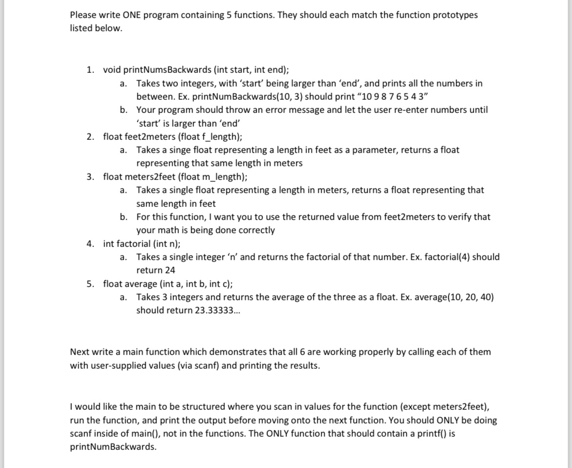 Solved Please write ONE program containing 5 ﻿functions. | Chegg.com