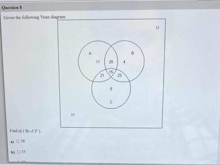 Solved Given the following Venn diagram Find n[(B∩C)c]. a) | Chegg.com