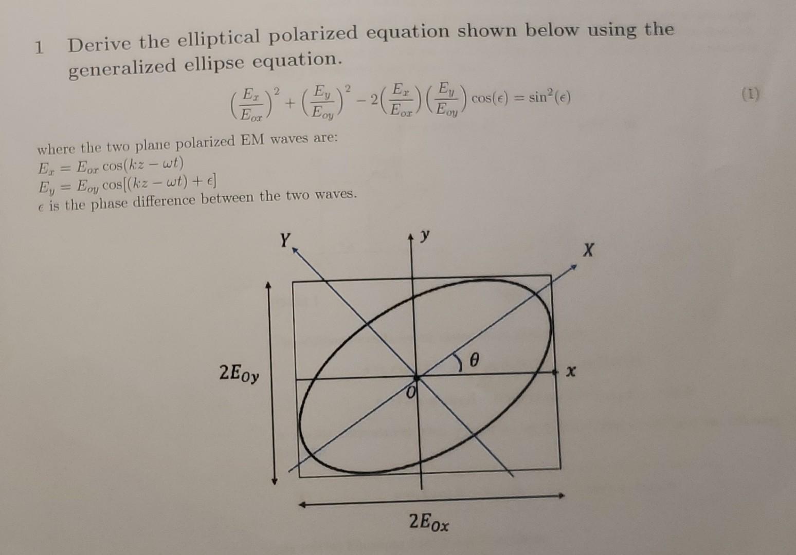 Solved 1 Derive The Elliptical Polarized Equation Shown