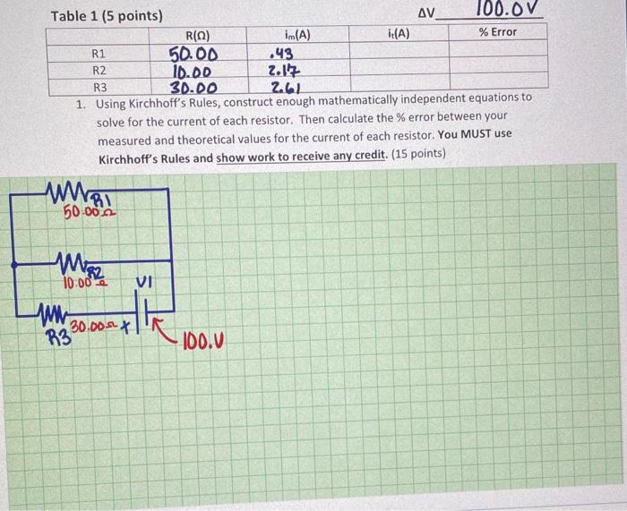 Solved Table 1 (5 boints) ΔV 1. Using Kirchhoff's Rules, | Chegg.com