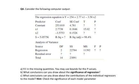Solved Q4. Consider the following computer output: The | Chegg.com