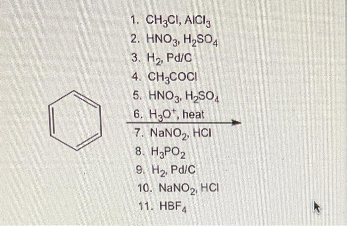 Solved 1. CH3CI, AICI: 2. HNO3, H2SO4 3. H2, Pd/C 4. CH3COCI | Chegg.com