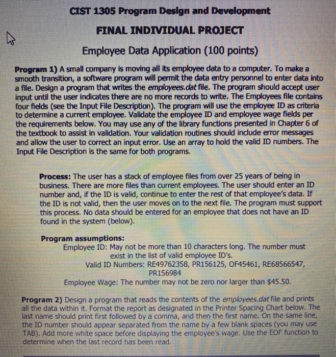 Solved CIST 1305 Program Design and Development FINAL | Chegg.com