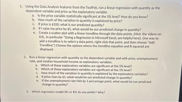 Solved 1. Using the Data Analysis features from the ToolPak, | Chegg.com