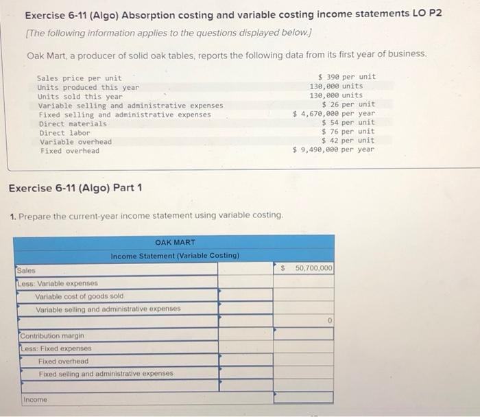 Solved Exercise 6.11 (Algo) Absorption costing and variable | Chegg.com