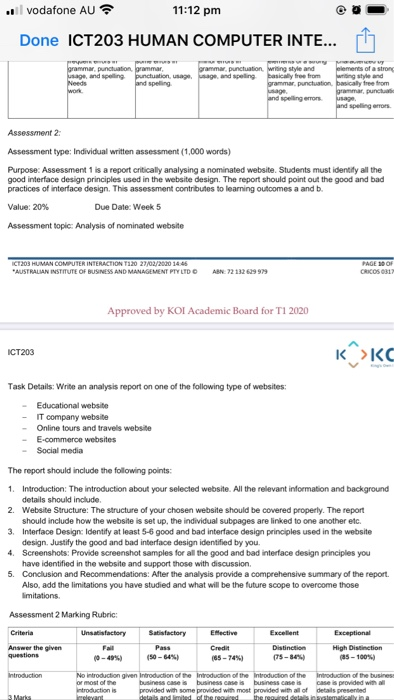 Solved l vodafone AU 11:12 pm Done ICT203 HUMAN COMPUTER | Chegg.com