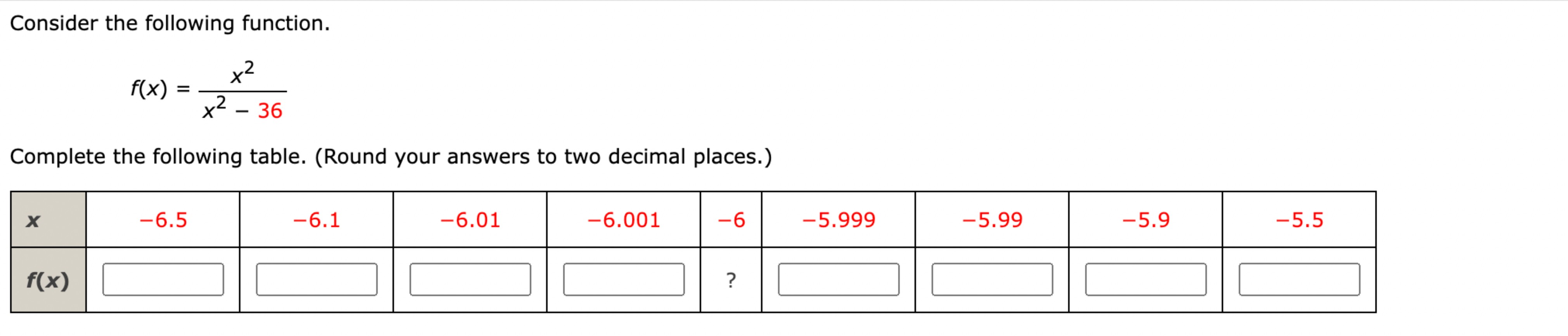 Solved Consider the following function.f(x)=x2x2-36Complete | Chegg.com