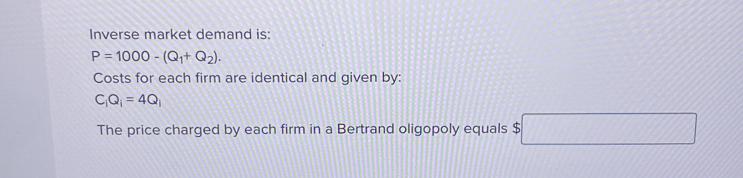 Solved Inverse market demand is:P=1000-(Q1+Q2). ﻿Costs for | Chegg.com