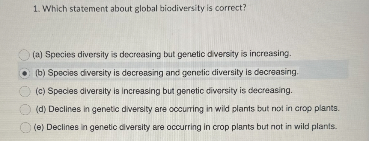 Solved Which statement about global biodiversity is | Chegg.com