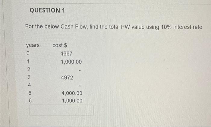 Solved For the below Cash Flow, find the total PW value | Chegg.com