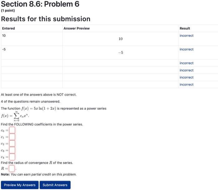 Solved Section 8.6: Problem 6 (1 point) Results for this | Chegg.com