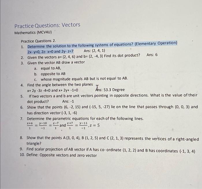 Solved Practice Questions: Vectors Mathematics (MCV4U) | Chegg.com