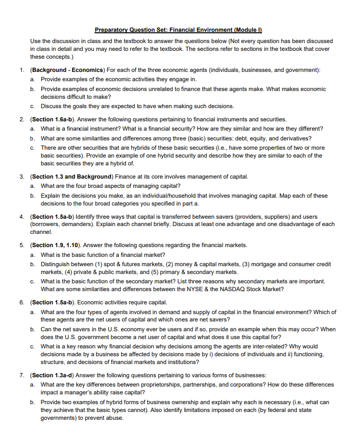 Solved Preparatory Question Set: Financial Environment | Chegg.com