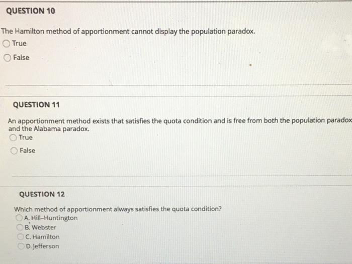Solved QUESTION 10 The Hamilton method of apportionment | Chegg.com