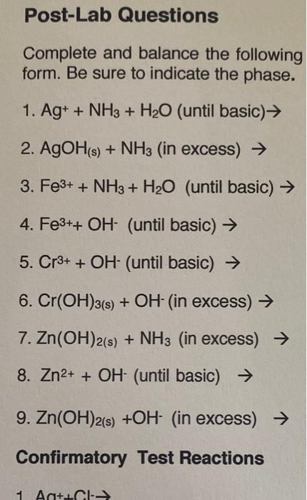 Solved Post-Lab Questions Complete and balance the following | Chegg.com