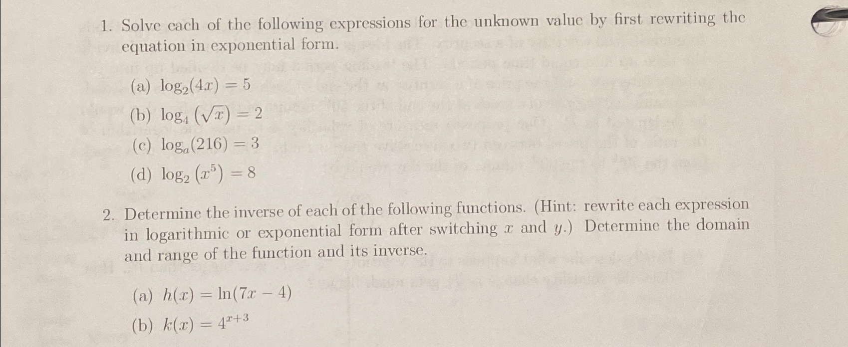 Solved Solve each of the following expressions for the | Chegg.com