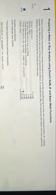 Solved 1Preparing a Make or Buy Analysis using Excel's SUM, | Chegg.com