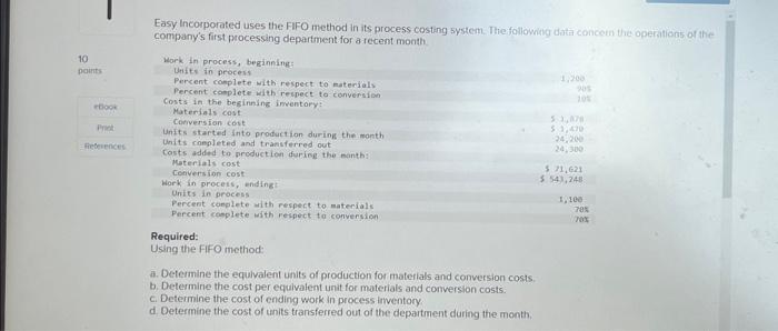 Easy Incorporated uses the FIFO method in its process | Chegg.com
