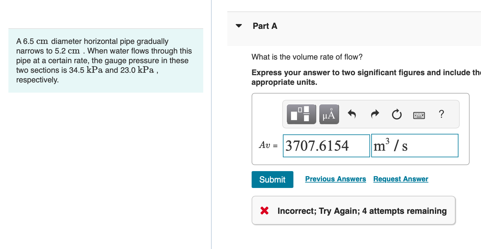 Solved A 6.5cm ﻿diameter horizontal pipe graduallynarrows to | Chegg.com