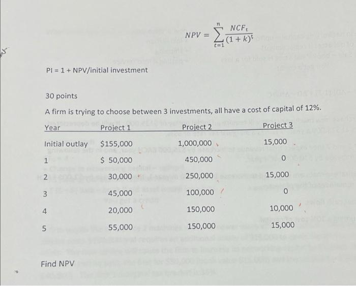 Solved 71 NCF NPV = (1 + k) PI= 1 + NPV/initial investment | Chegg.com