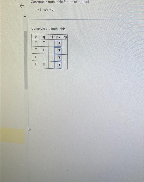 Solved Construct a truth table for the statement. ∼(∼pV∼q) | Chegg.com