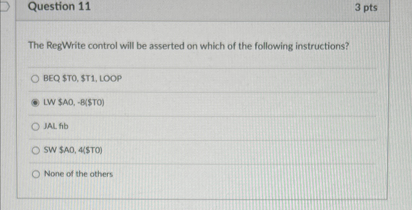 Solved Question 113 ﻿ptsThe RegWrite control will be | Chegg.com