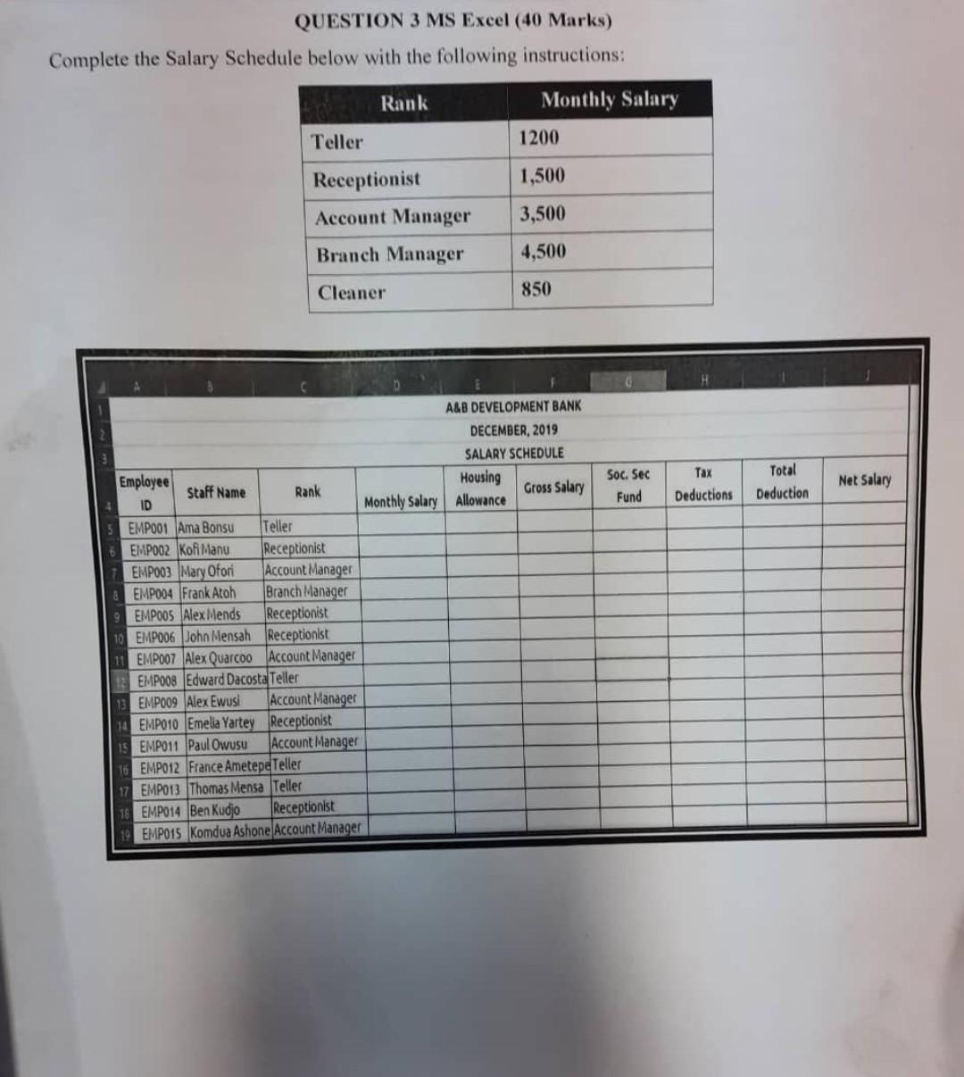 Solved QUESTION 3 MS Excel (40 Marks) Complete the Salary | Chegg.com