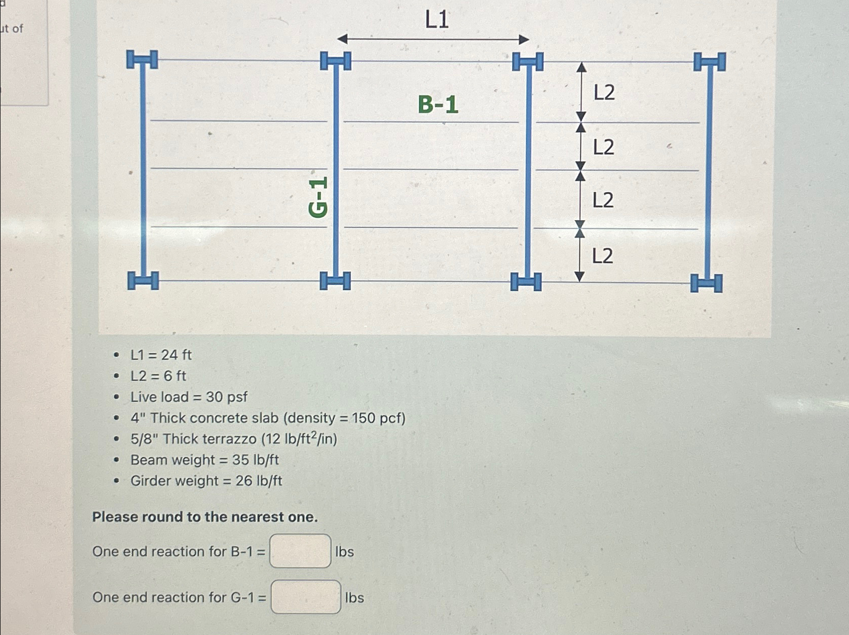 Solved L1=24ft\\nL2=6ft\\nLive load =30 psf\\n4^() Thick | Chegg.com