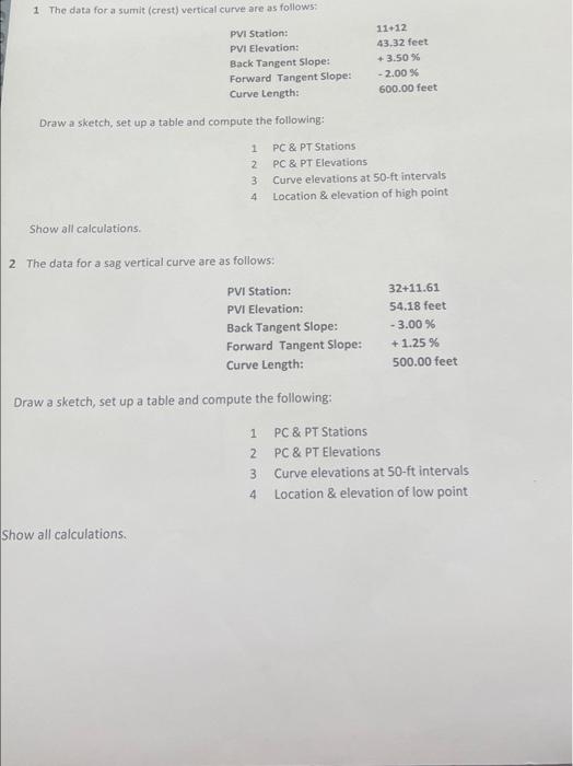 Solved 1 The data for a sumit (crest) vertical curve are as | Chegg.com