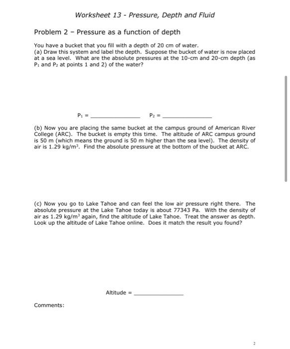 Solved Worksheet 13 - Pressure, Depth and Fluid Problem 2 - | Chegg.com