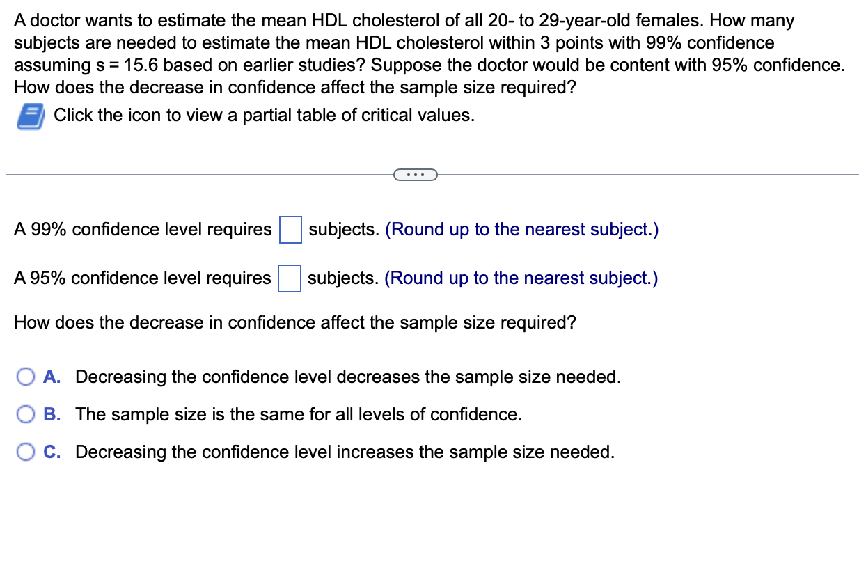 Solved A doctor wants to estimate the mean HDL cholesterol | Chegg.com