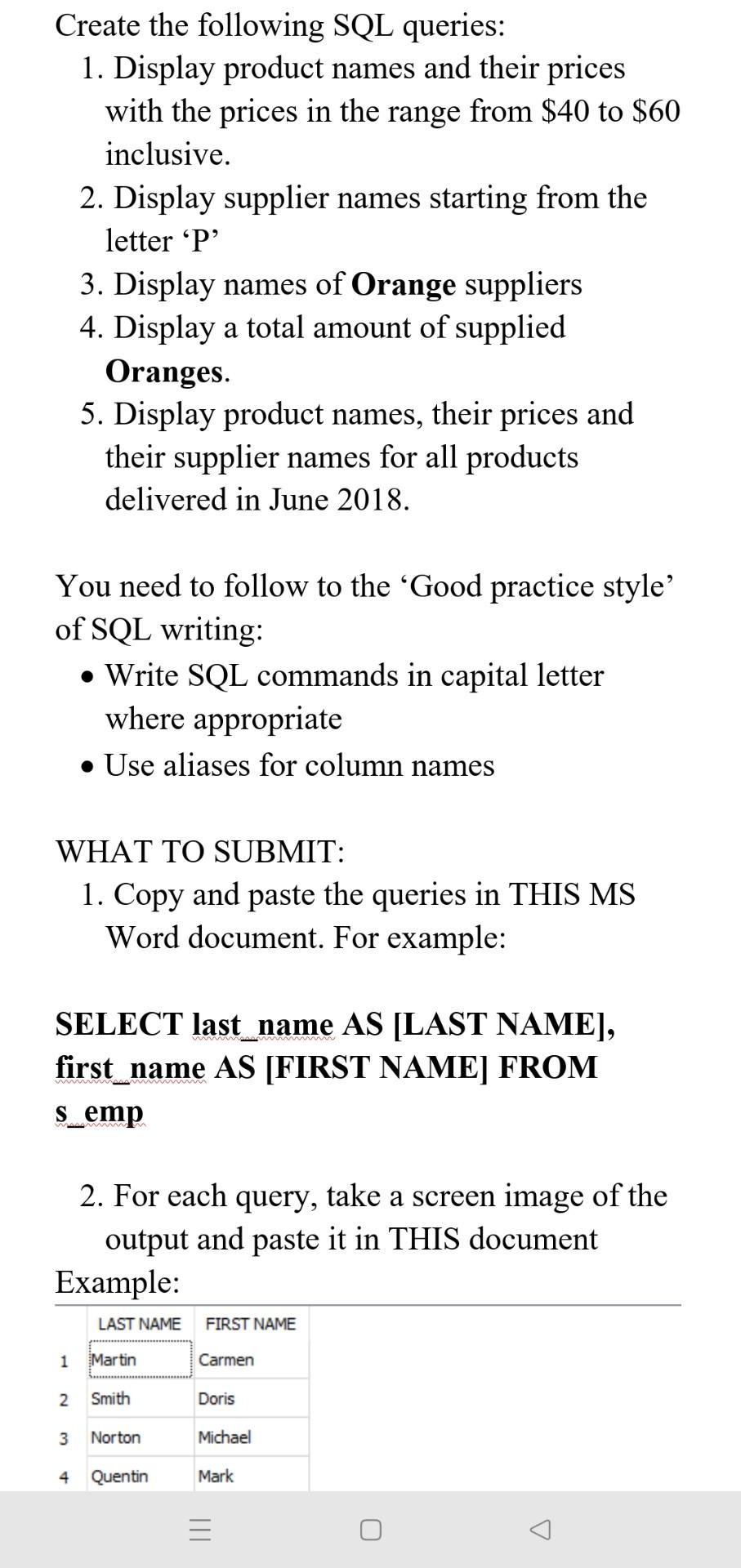 Solved inclusive. 2. Display supplier names starting from | Chegg.com