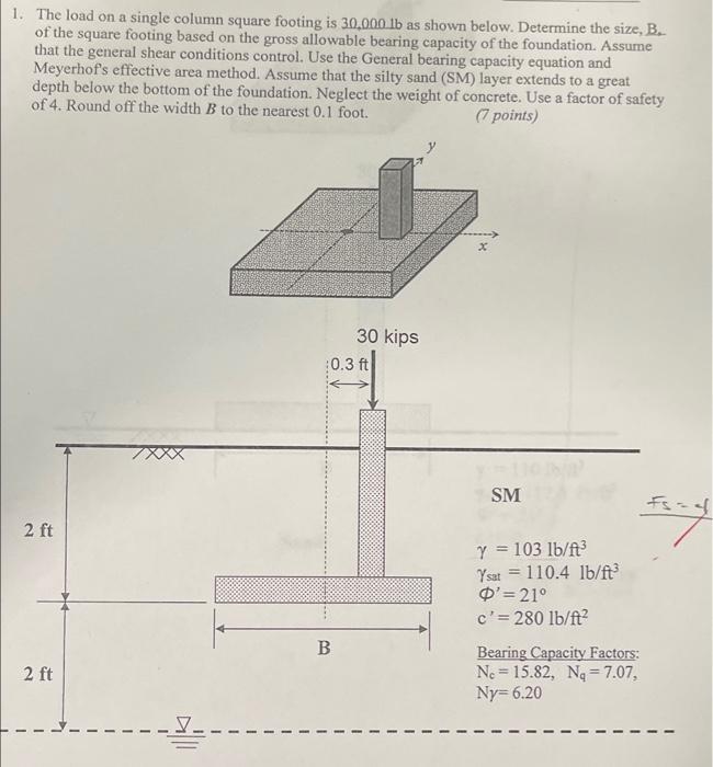 Solved 1. The load on a single column square footing is | Chegg.com