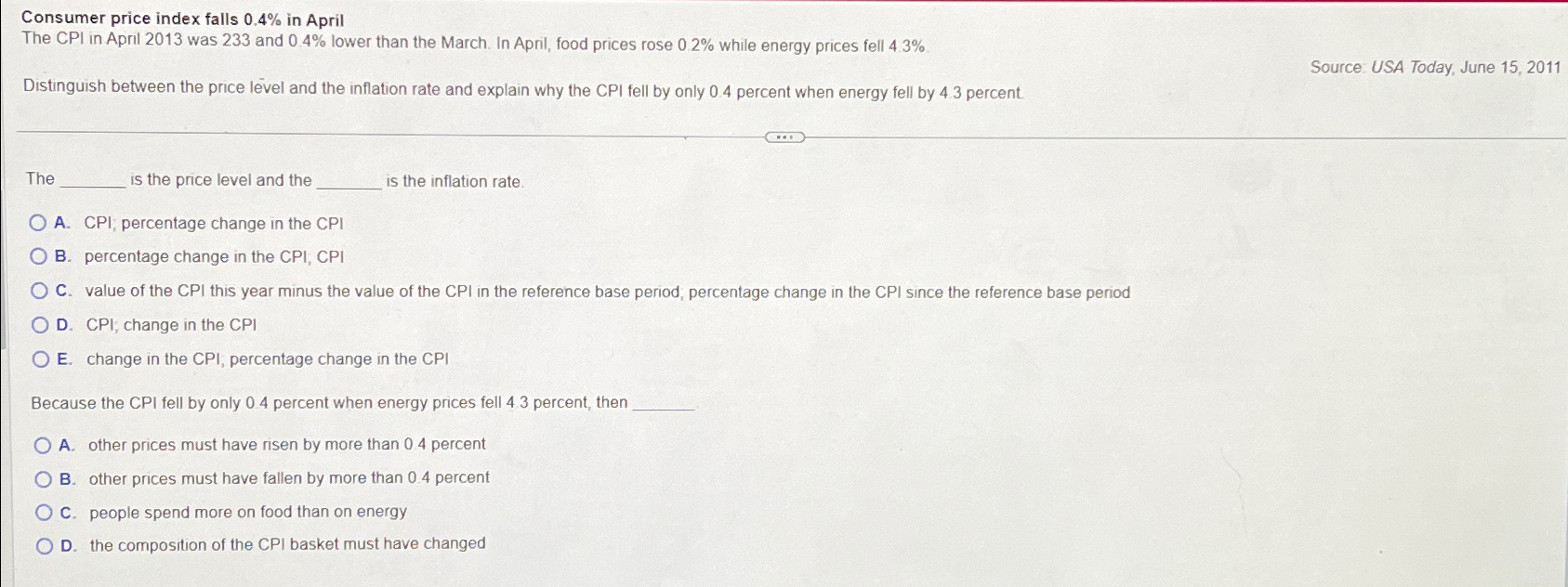 Solved Consumer price index falls 0.4% ﻿in AprilThe CPI in | Chegg.com